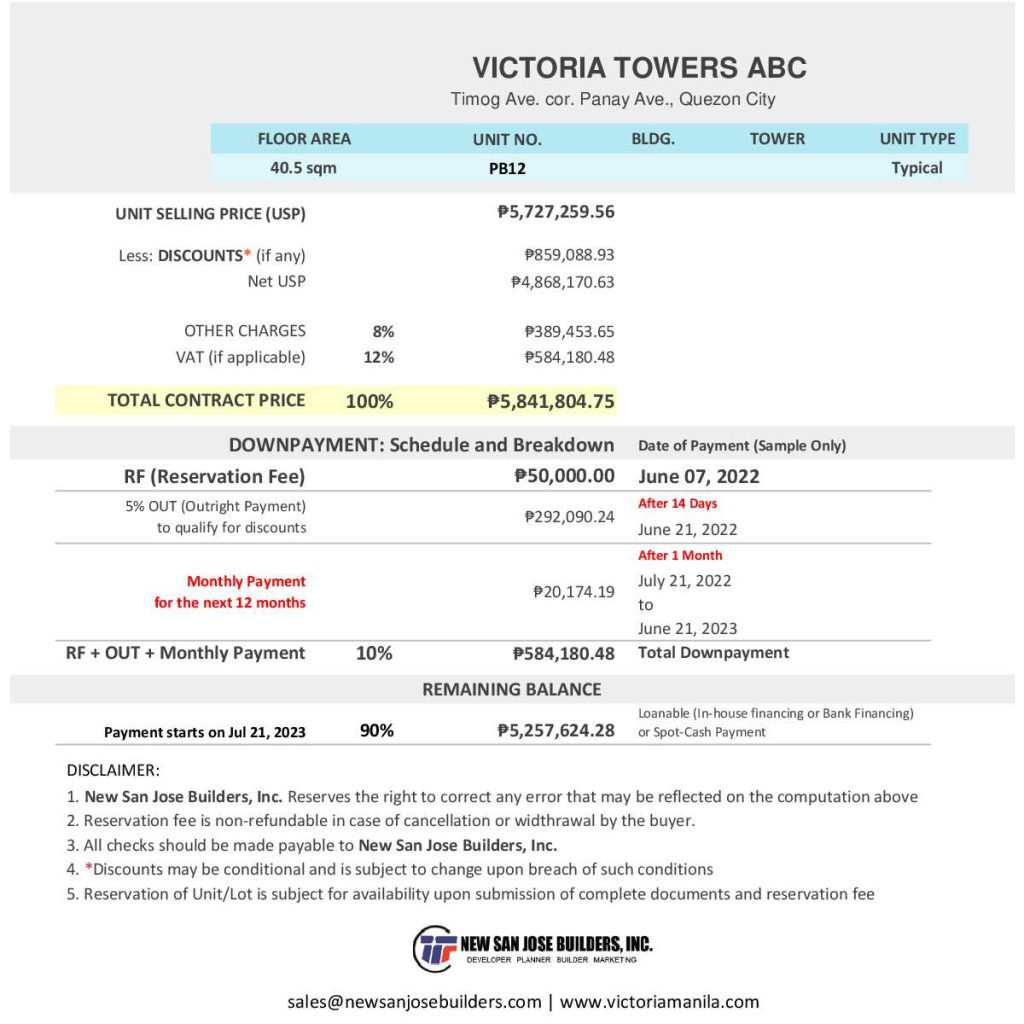 Victoria Towers ABC - Price and Computation - Victoria Condos
